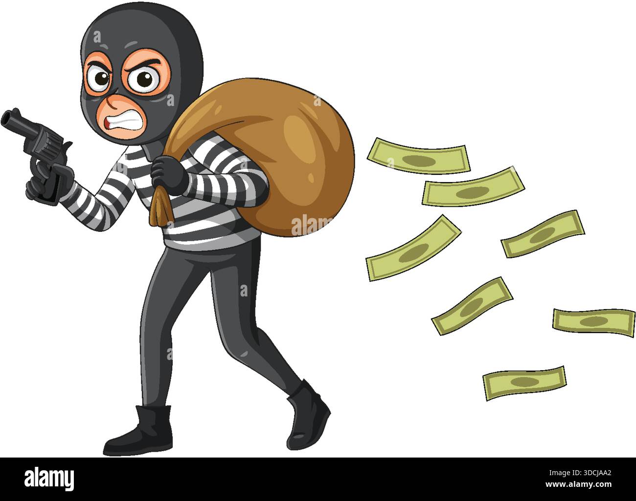 Masked thief in striped shirt fleeing with cash bag, gun, cartoon ...