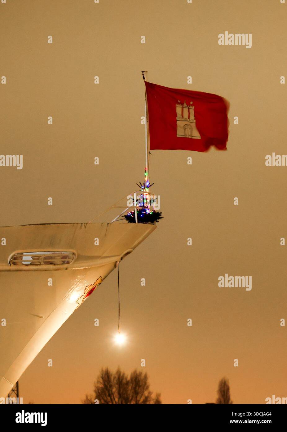 23 December 2025, Hamburg: A small illuminated Christmas tree stands on ...