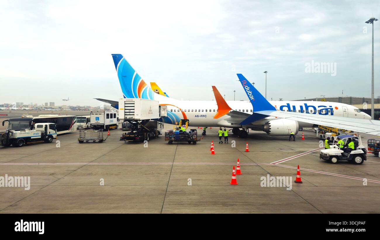 Dubai, UAE, December 22, 2025: Fly Dubai airplane during airport ground ...