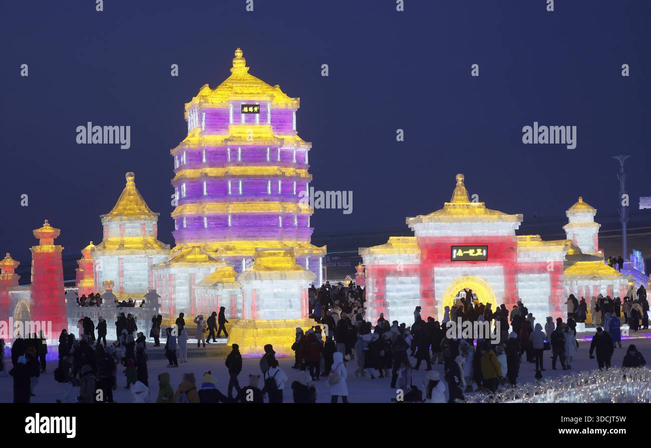 Aerial photo shows the Yellow Crane Tower ice sculpture at the 27th ...