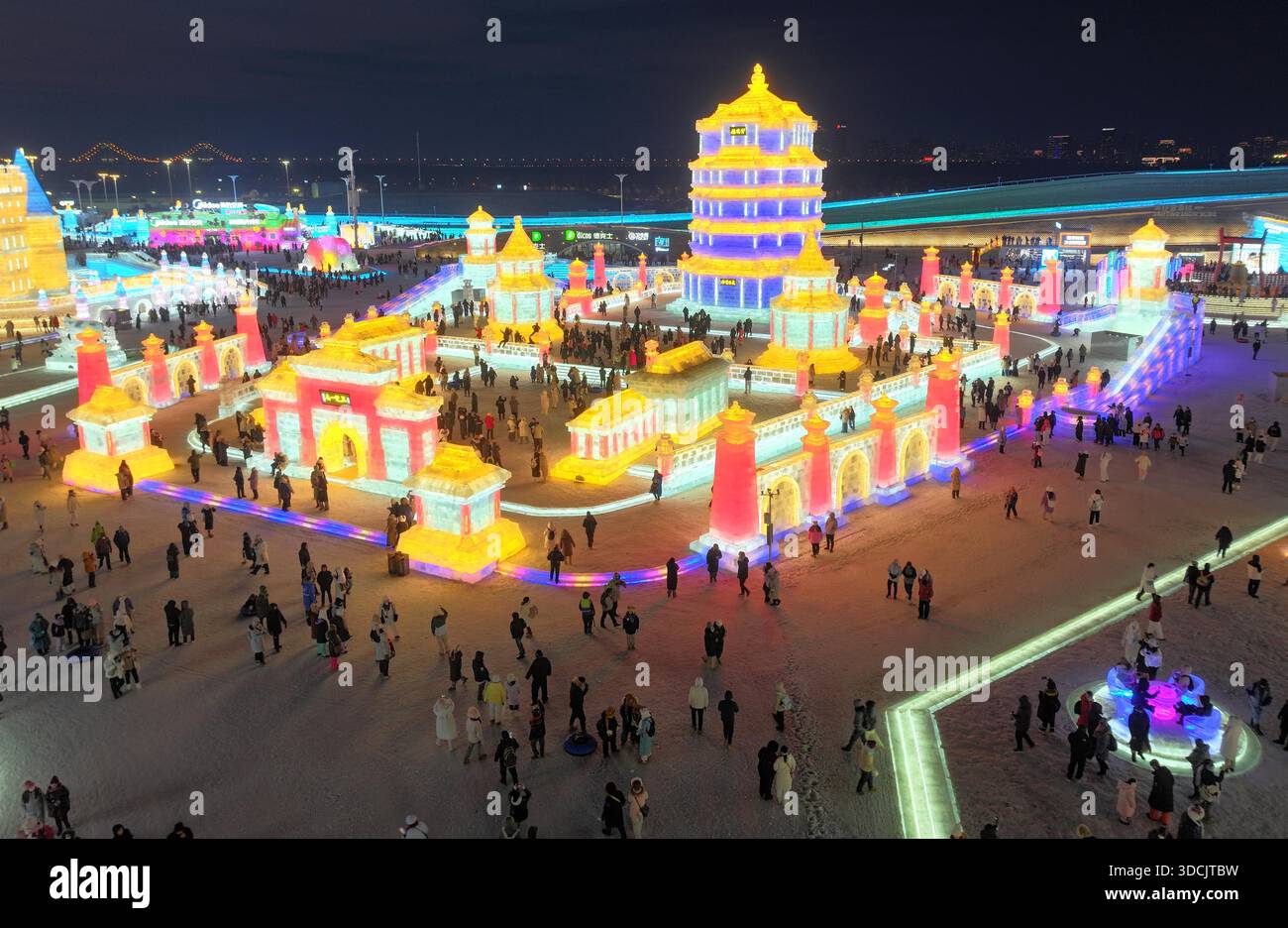 Aerial photo shows the Yellow Crane Tower ice sculpture at the 27th ...