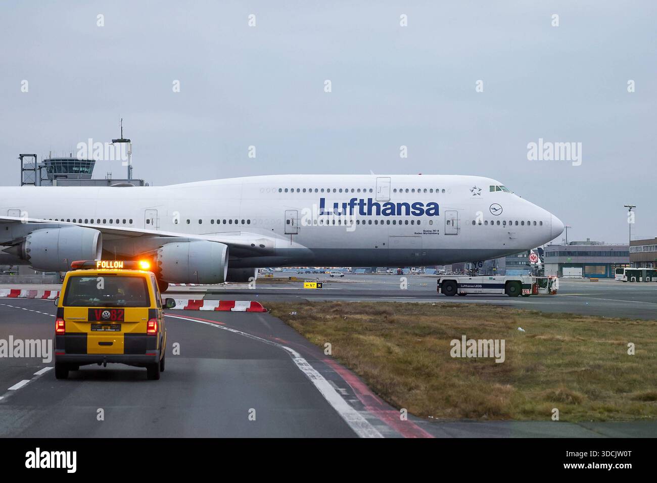 Follow me Car, Lufthansa Boing 747-8 at Frankfurt Airport on December ...