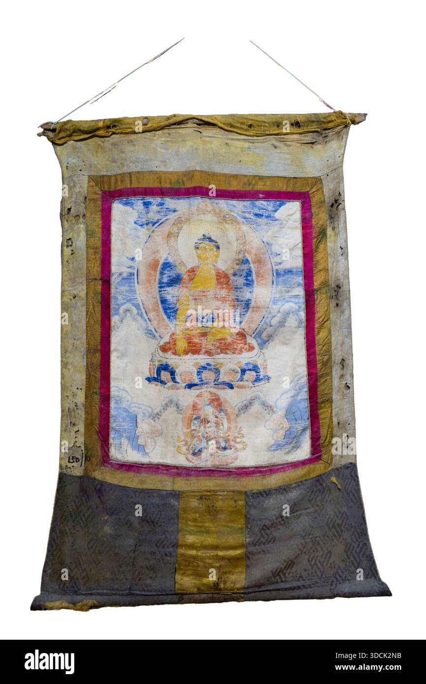 This is a scroll painting, known as a Thangka, depicting Shakyamuni ...