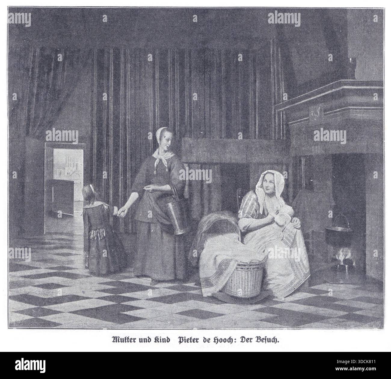 Mother and Child Visit Scene in Classic Interior with Fireplace and ...