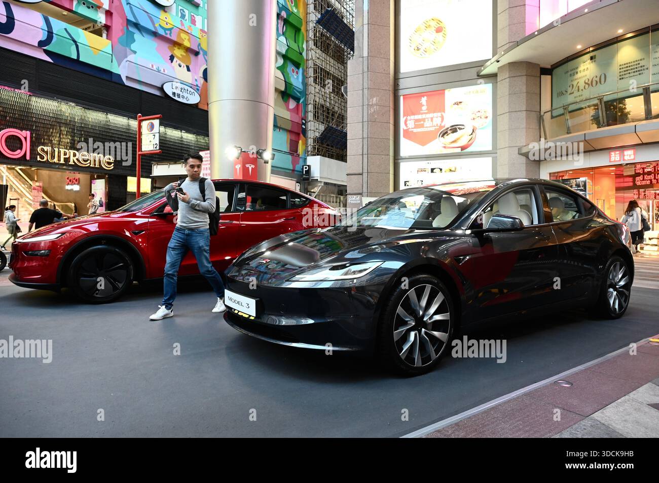 The Tesla model Y and model 3 display outside of the shopping mall on ...