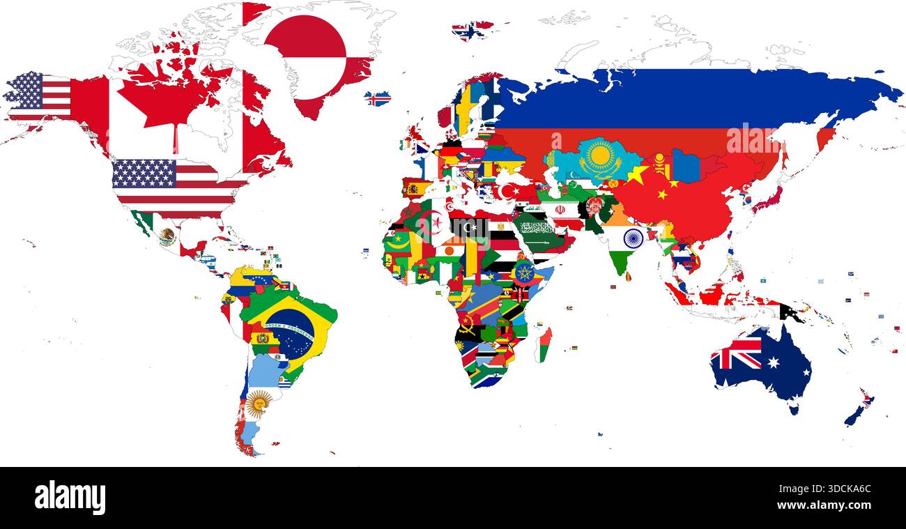 Colored political map of World. Each country filled with its flag ...