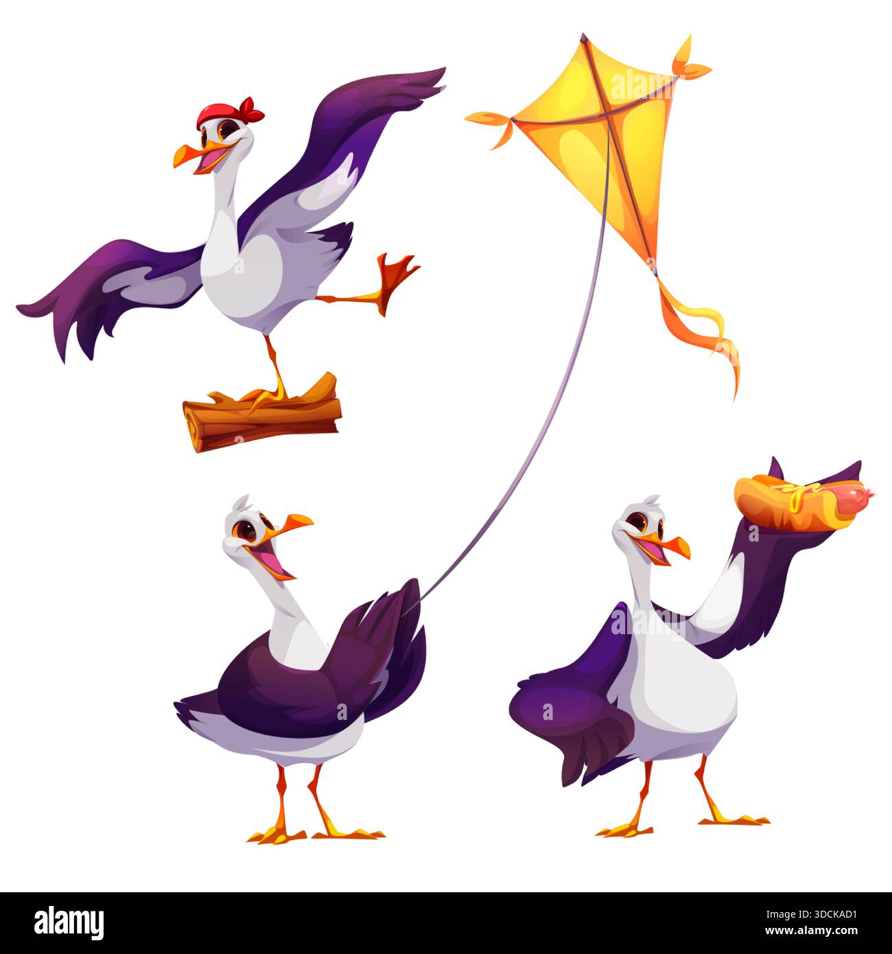 Cartoon seagull character with purple wings and playful expressions ...