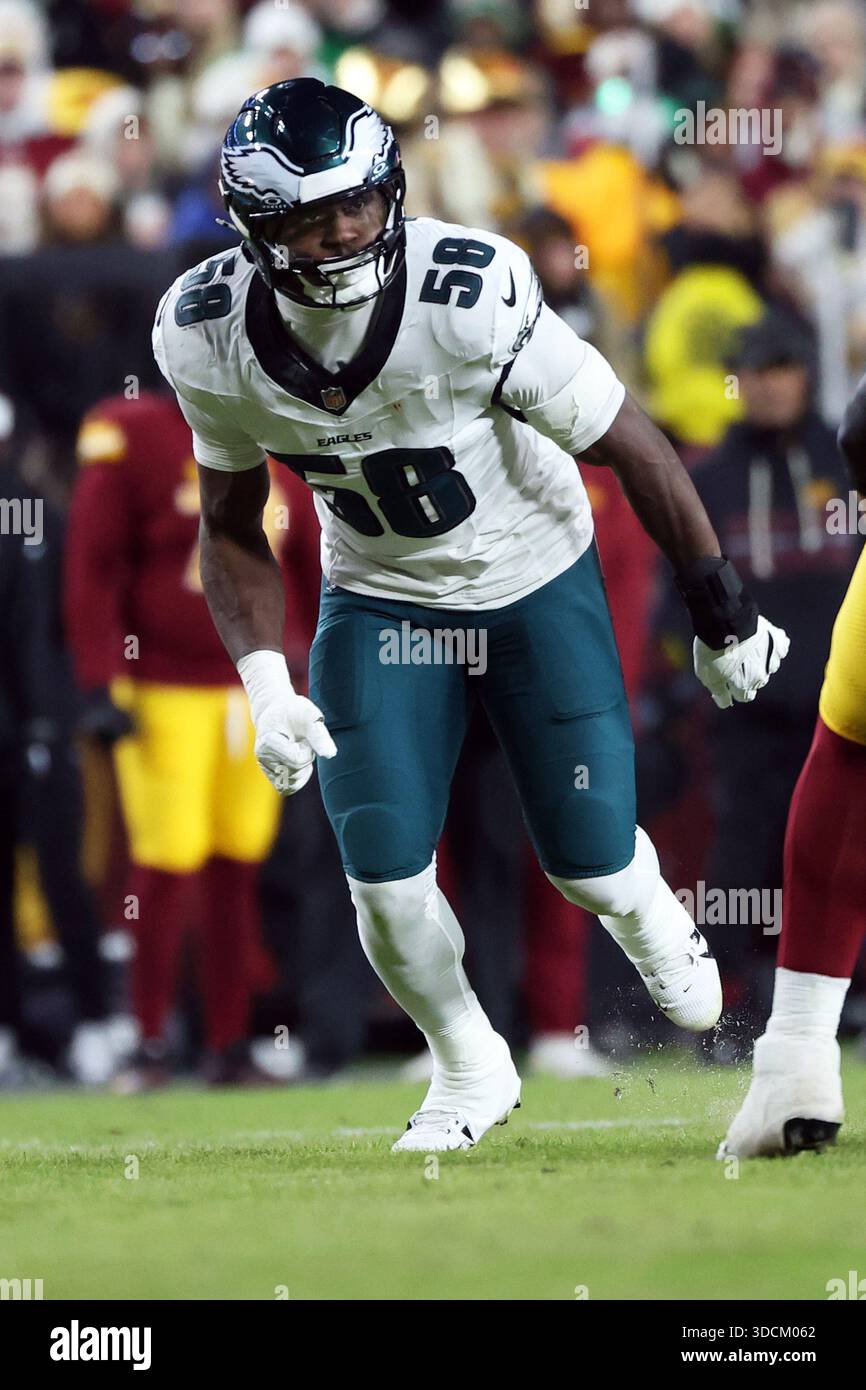 Philadelphia Eagles linebacker Jalyx Hunt (58) rushes during an NFL ...