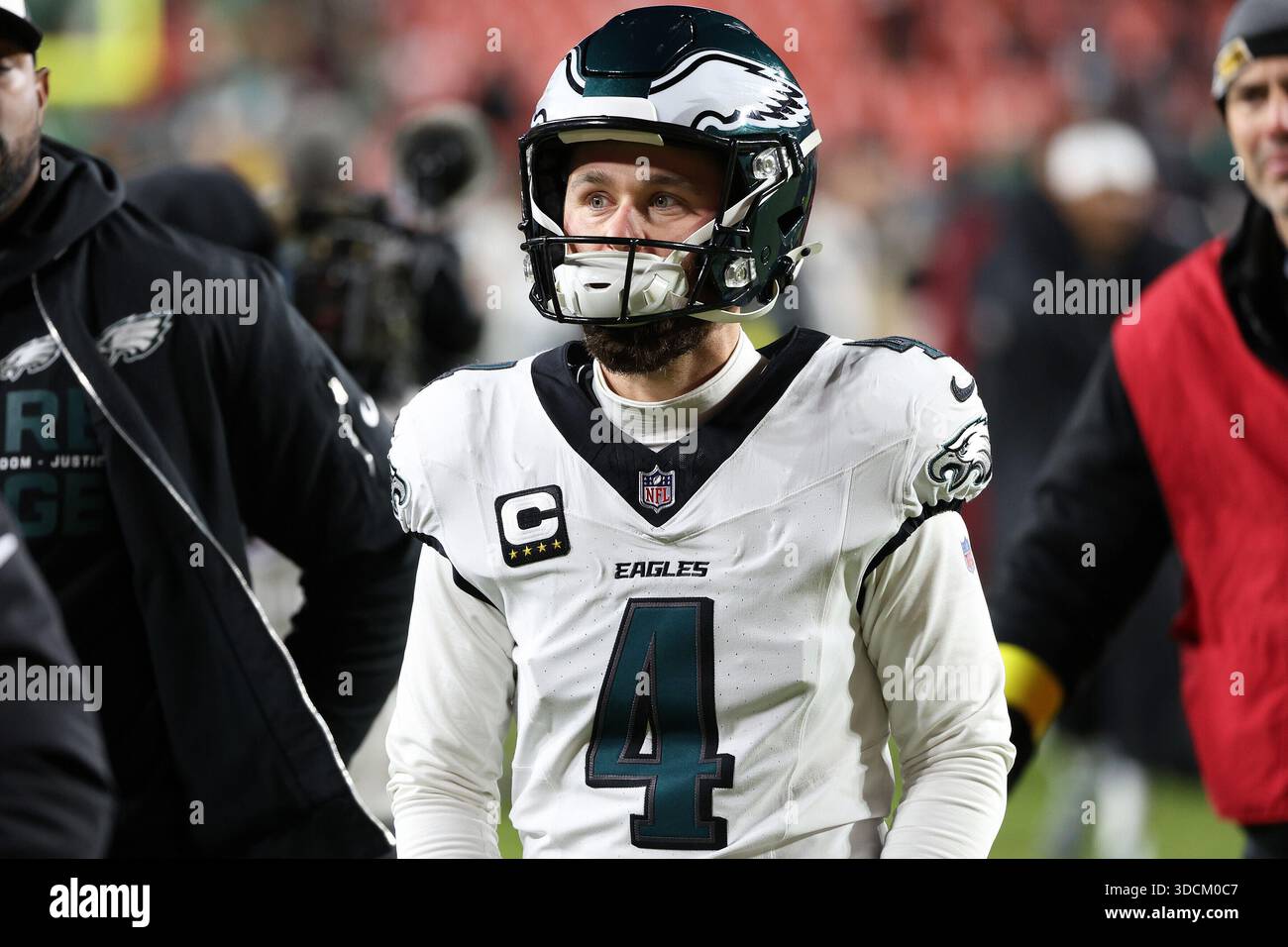 Philadelphia Eagles place kicker Jake Elliott (4) looks on after an NFL ...