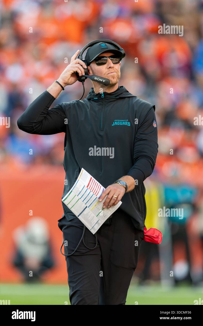 Jacksonville Jaguars head coach Liam Coen coaches against the Denver ...