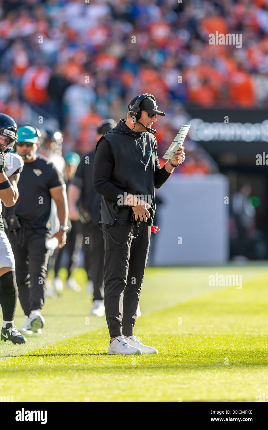 Jacksonville Jaguars head coach Liam Coen coaches against the Denver ...