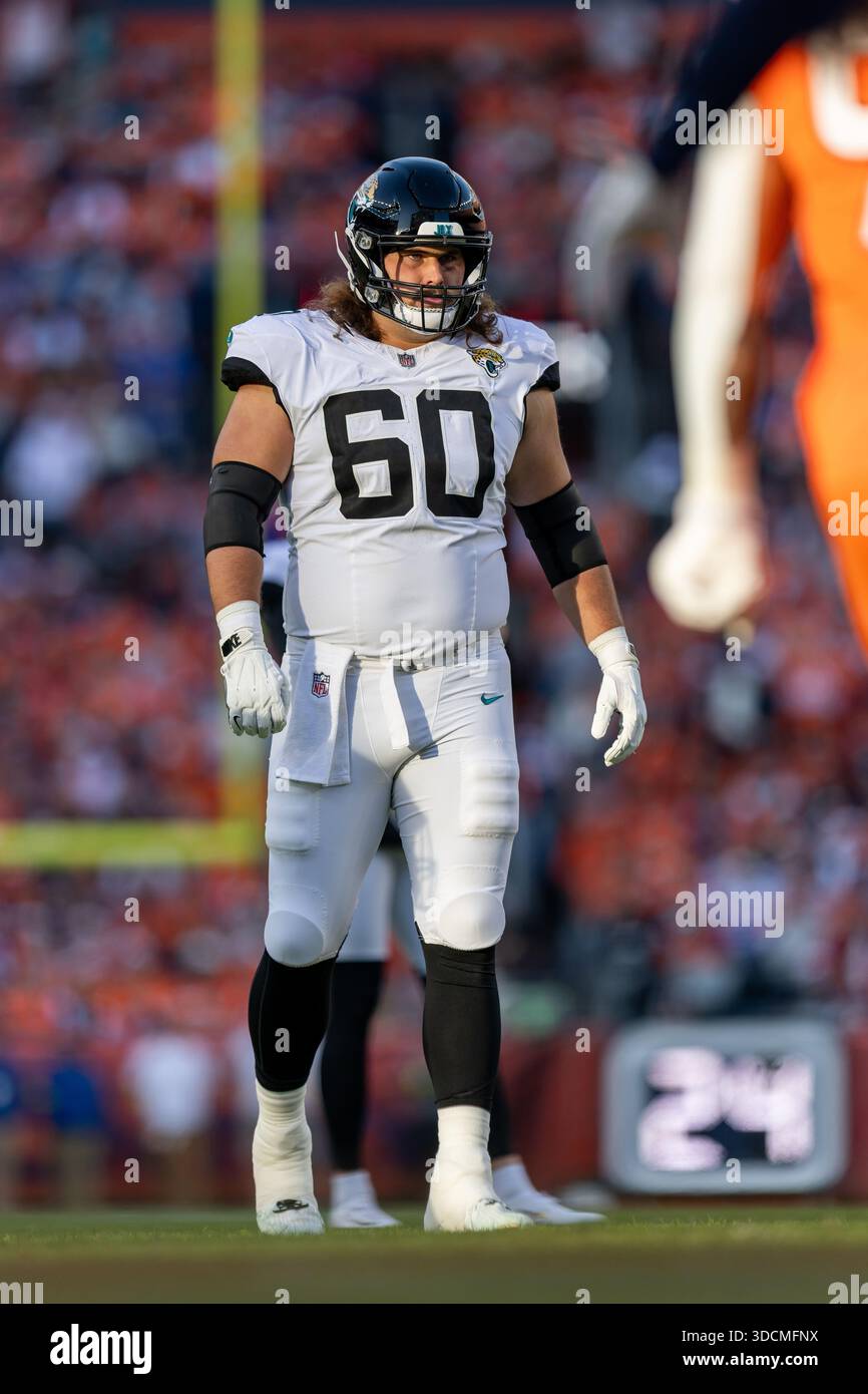 Jacksonville Jaguars offensive lineman Jonah Monheim (60) lines up ...