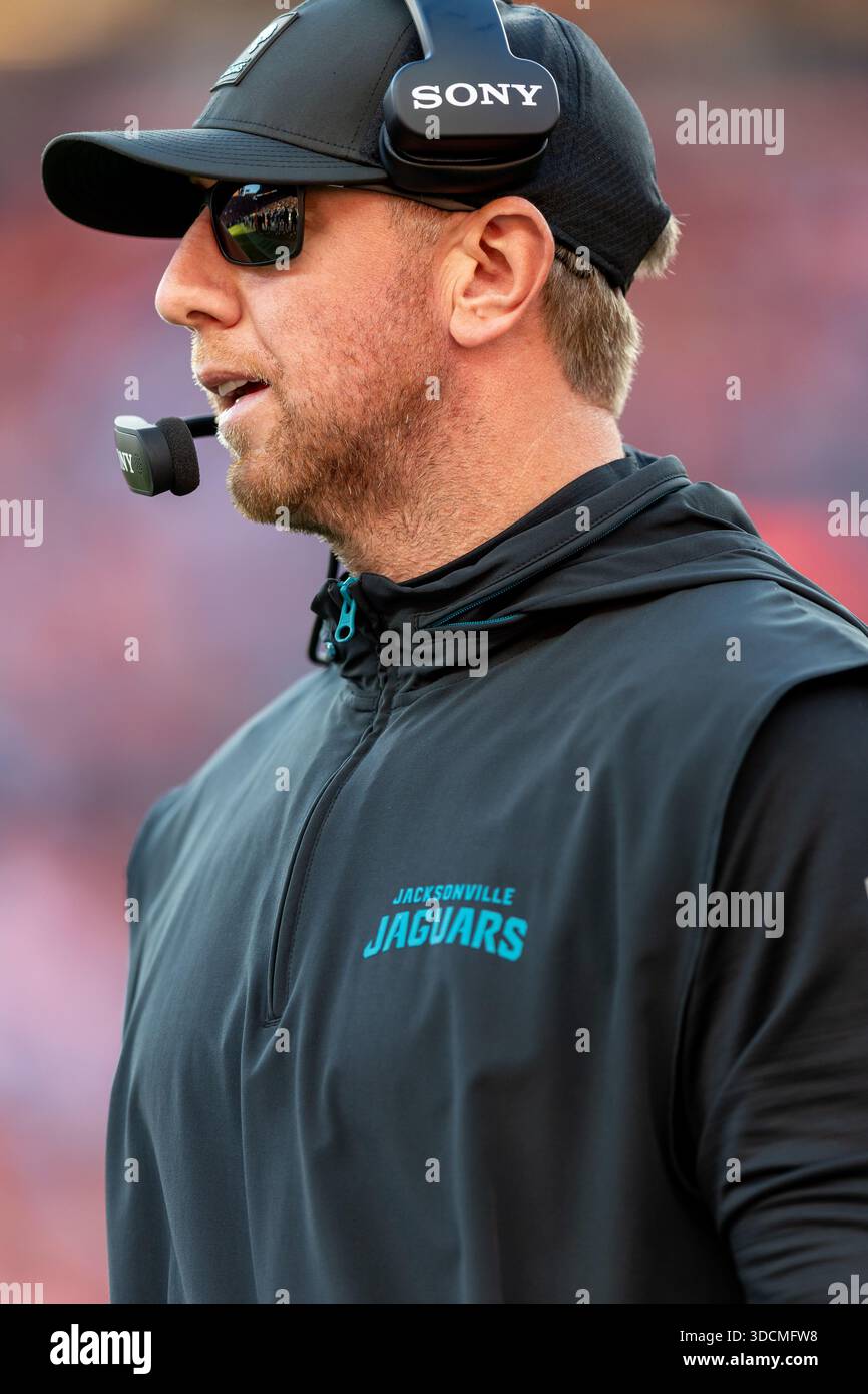 Jacksonville Jaguars head coach Liam Coen coaches against the Denver ...