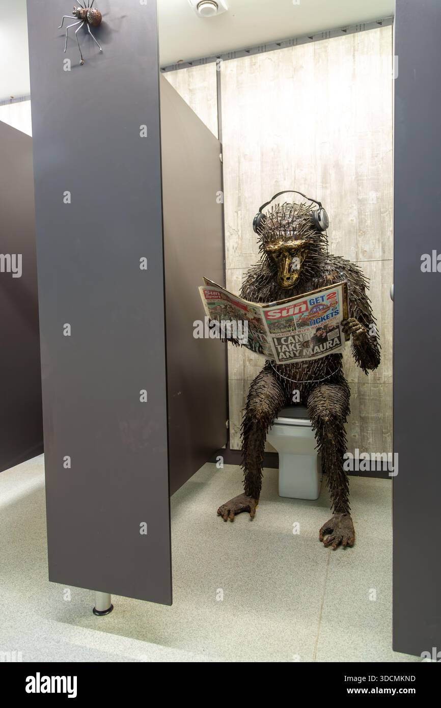 A quirky, life-sized sculpture of a monkey sitting on a toilet, reading ...