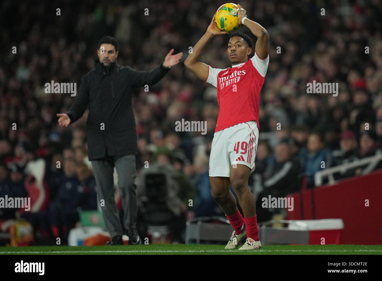 Arsenal's Myles Lewis-Skelly throws the ball in during the English ...