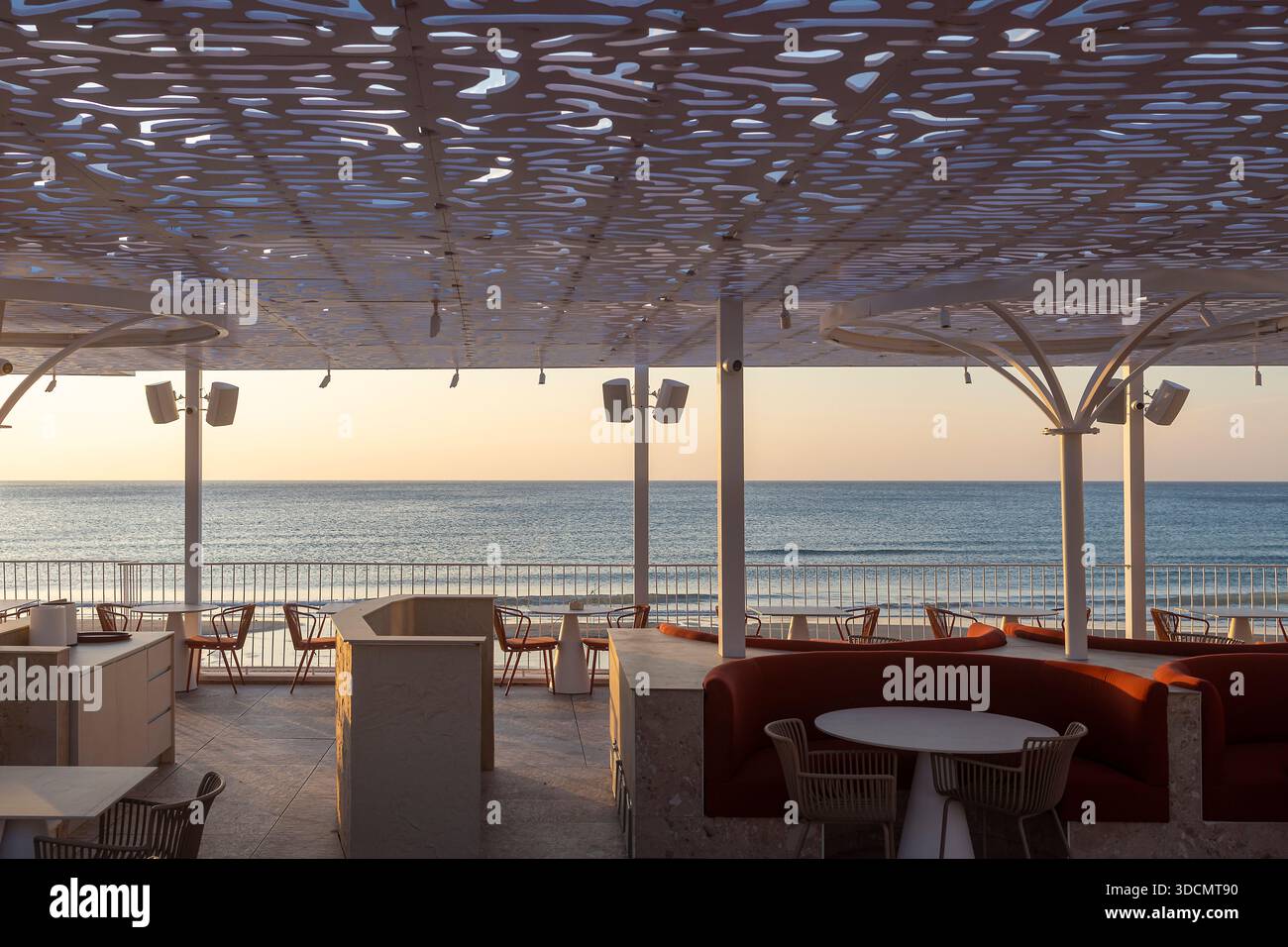 Haifa , Israel, December 22, 2025, Dado beach. Empty luxury beach club ...