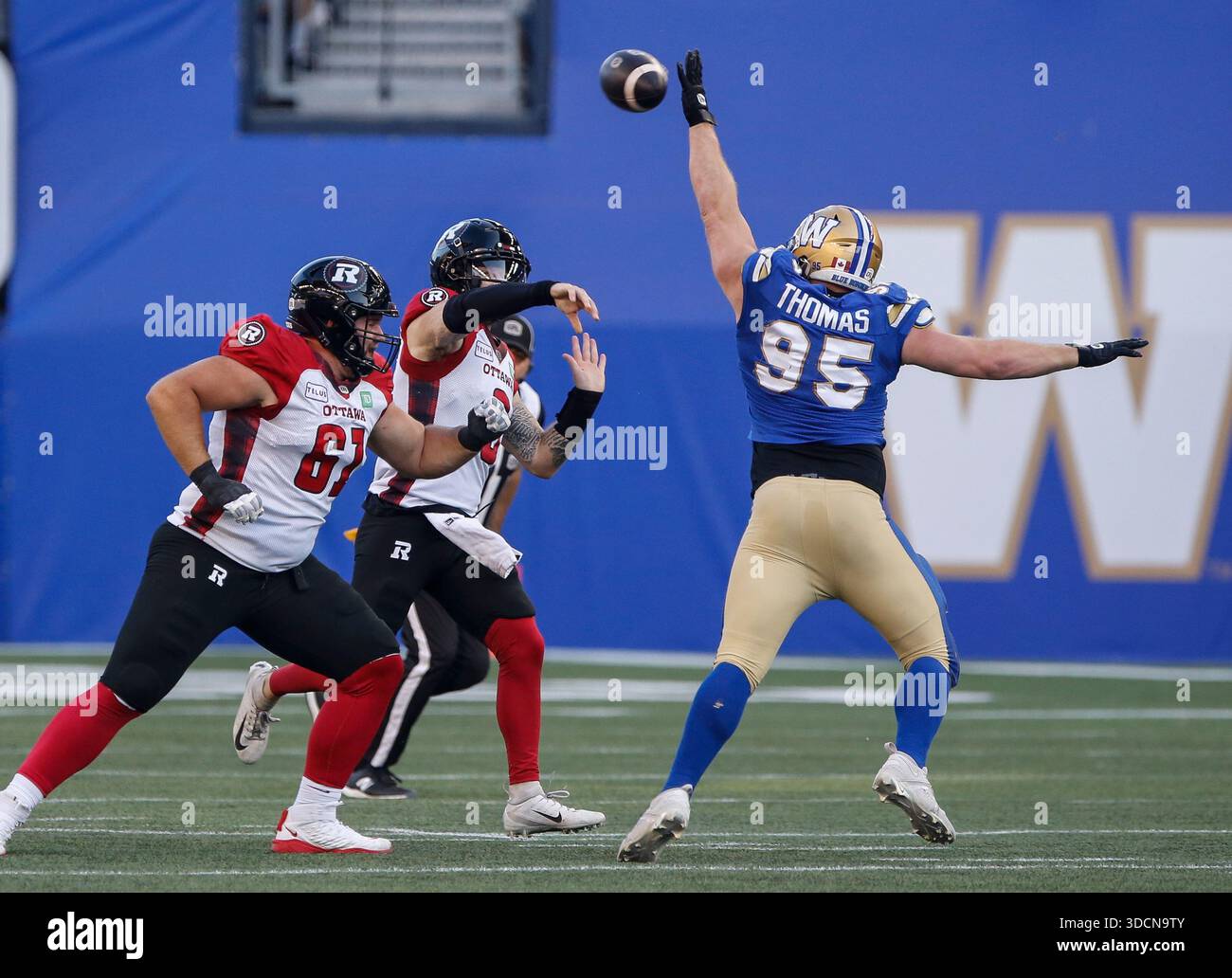 Ottawa Redblacks quarterback Dru Brown's (3) pass gets knocked down by ...