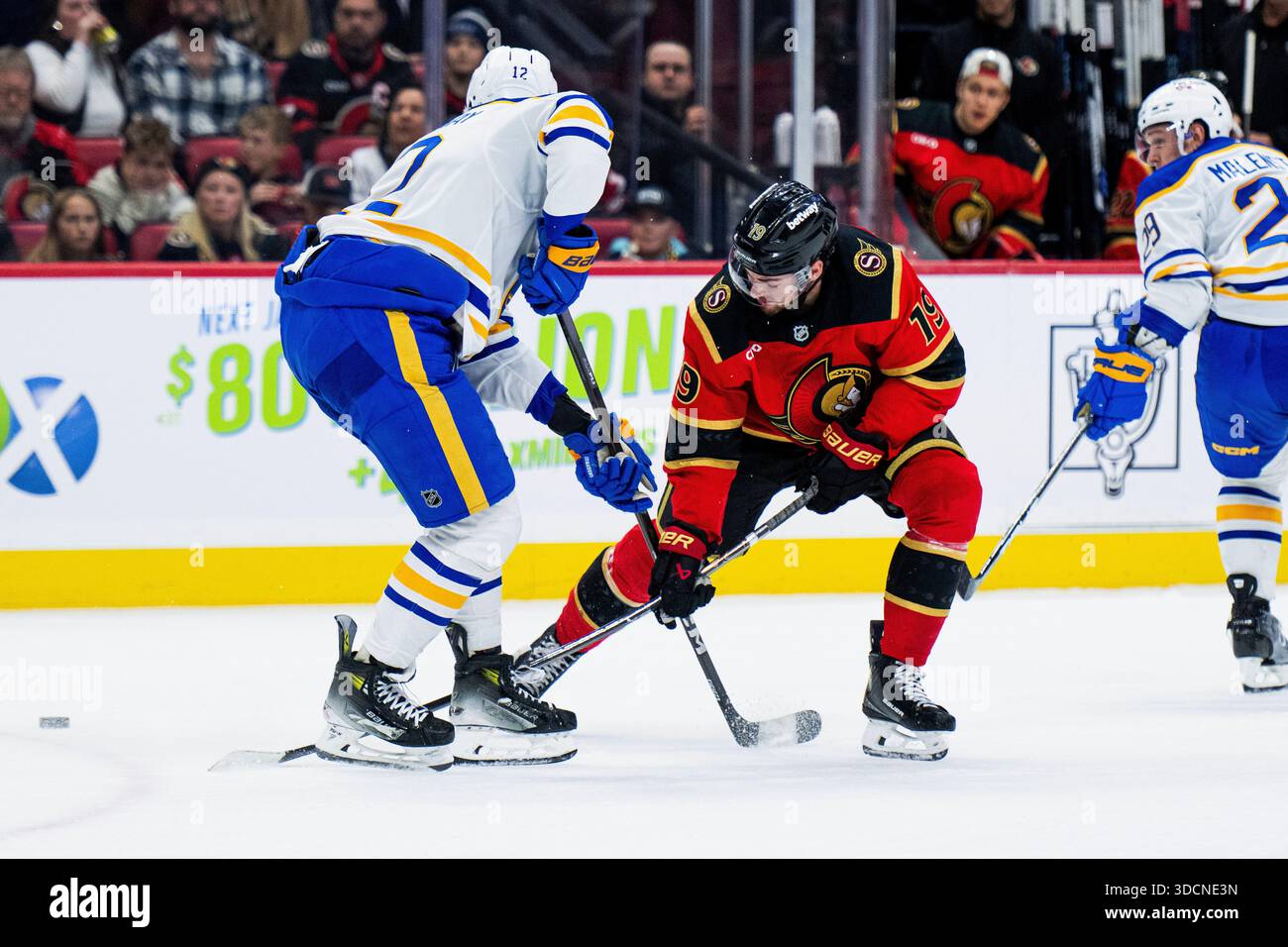 Ottawa Senators' Brady Tkachuk (7) misses a pass in front of Buffalo ...