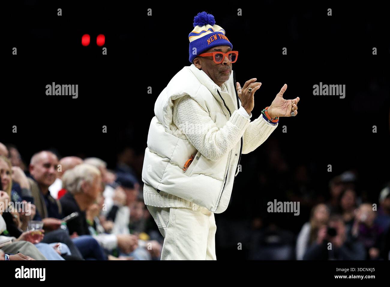 Spike Lee reacts during the second half of an NBA basketball game ...