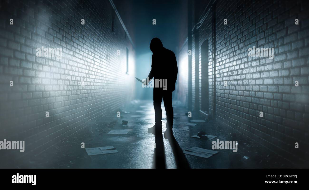 Violence concept scary man in hood holding knife in dark alleyway ...