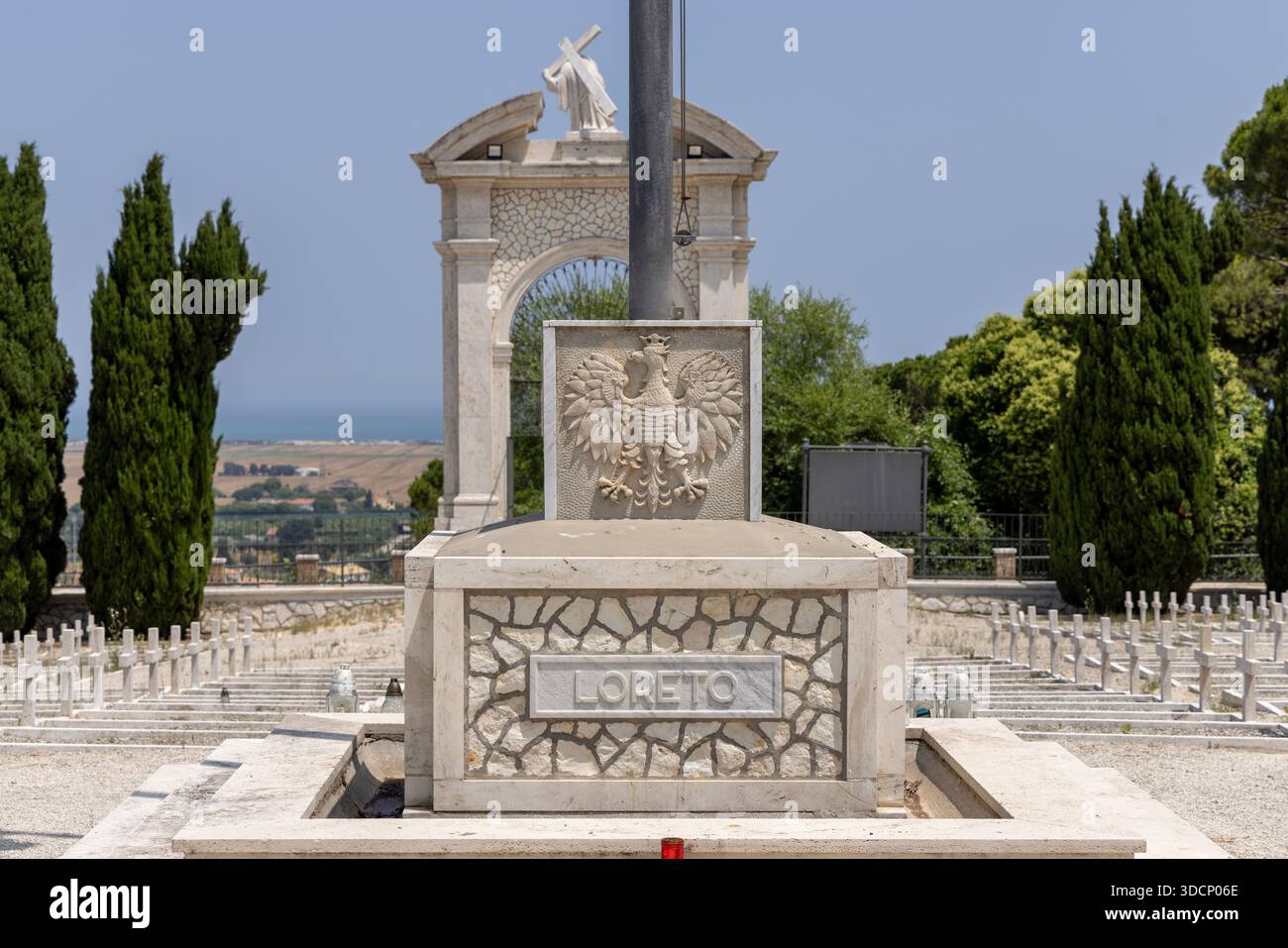 Loreto, Italy - June 11, 2025: Flagpole base with relief of eagle on ...