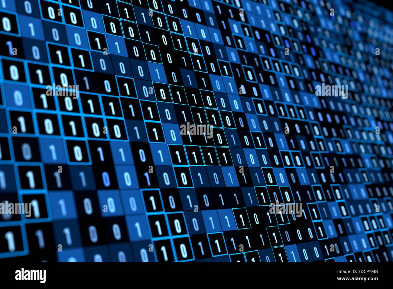 Abstract blue cubes with binary code, bit, byte, encryption, big data ...