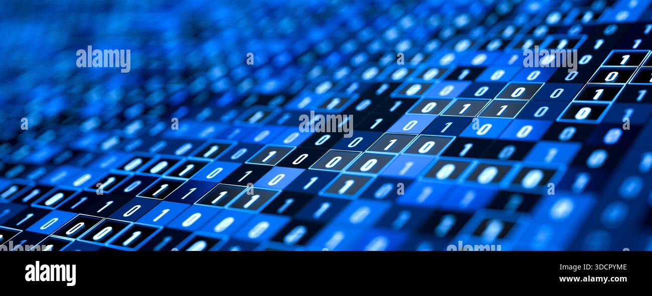 Close up abstract blue cubes with binary code, bit, byte, encryption ...