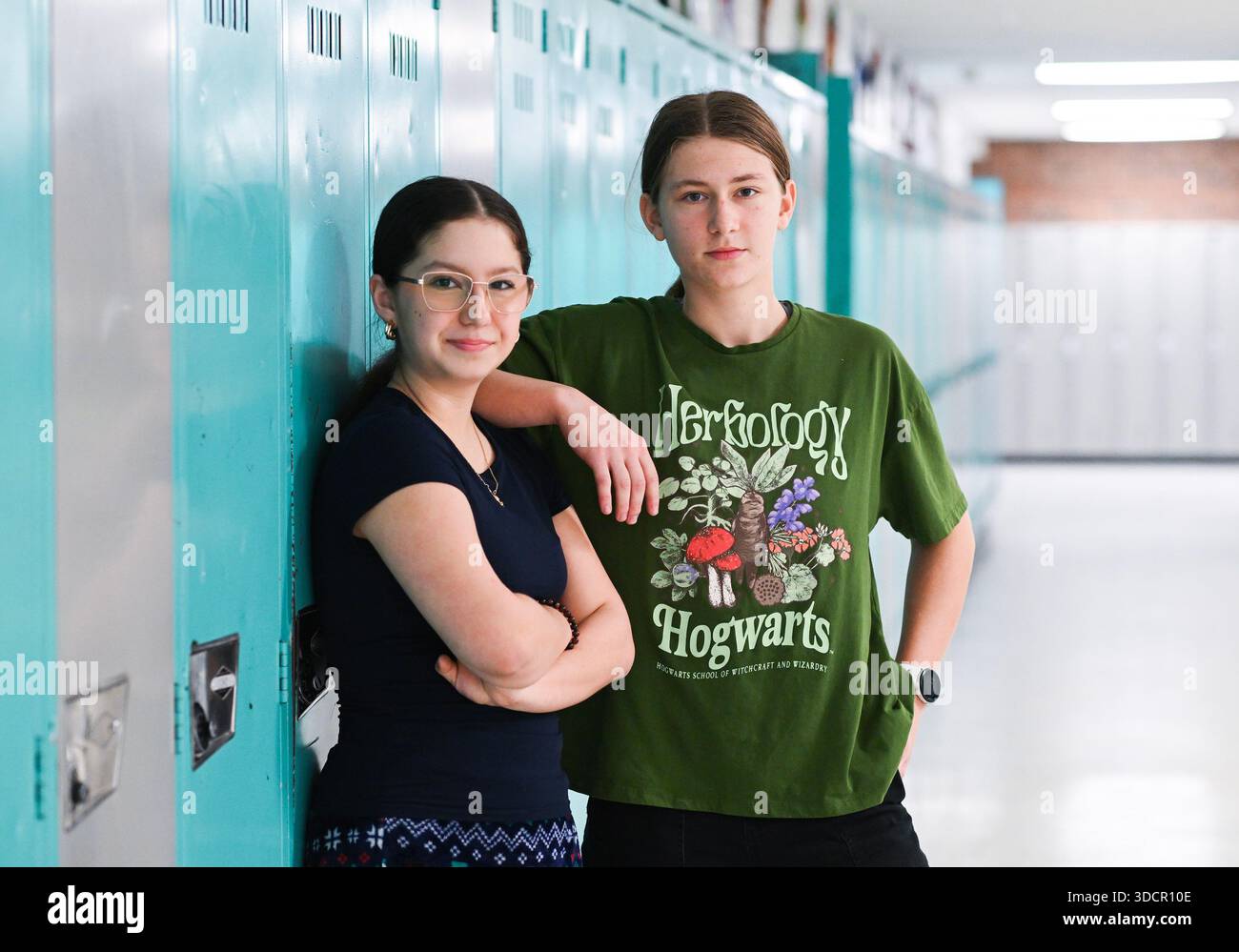Secondary school students Shelby Miclette, left, and Constance Bois ...