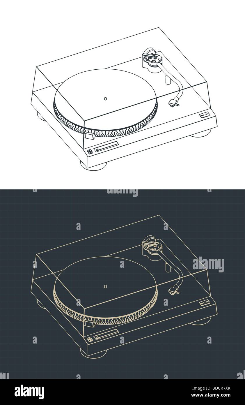 Turntable vinyl isometric drawings stylized vector illustrations Stock ...