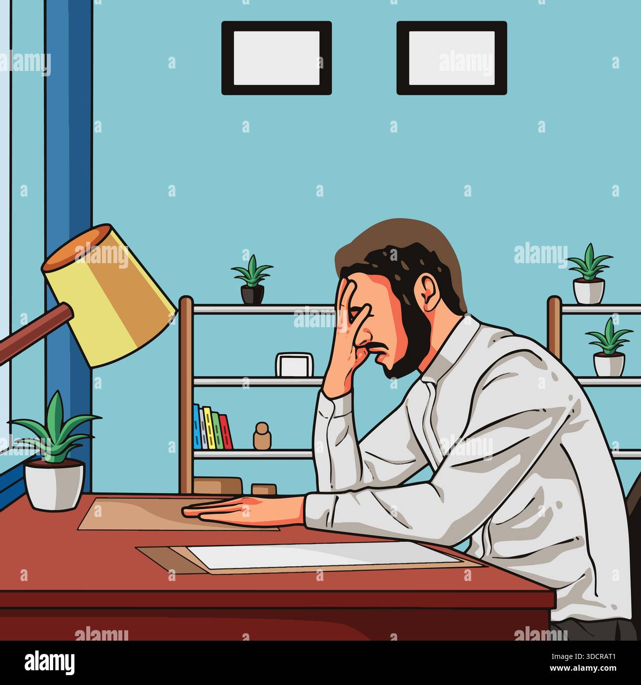 Depressed man sitting on desk Stock Vector Images - Alamy