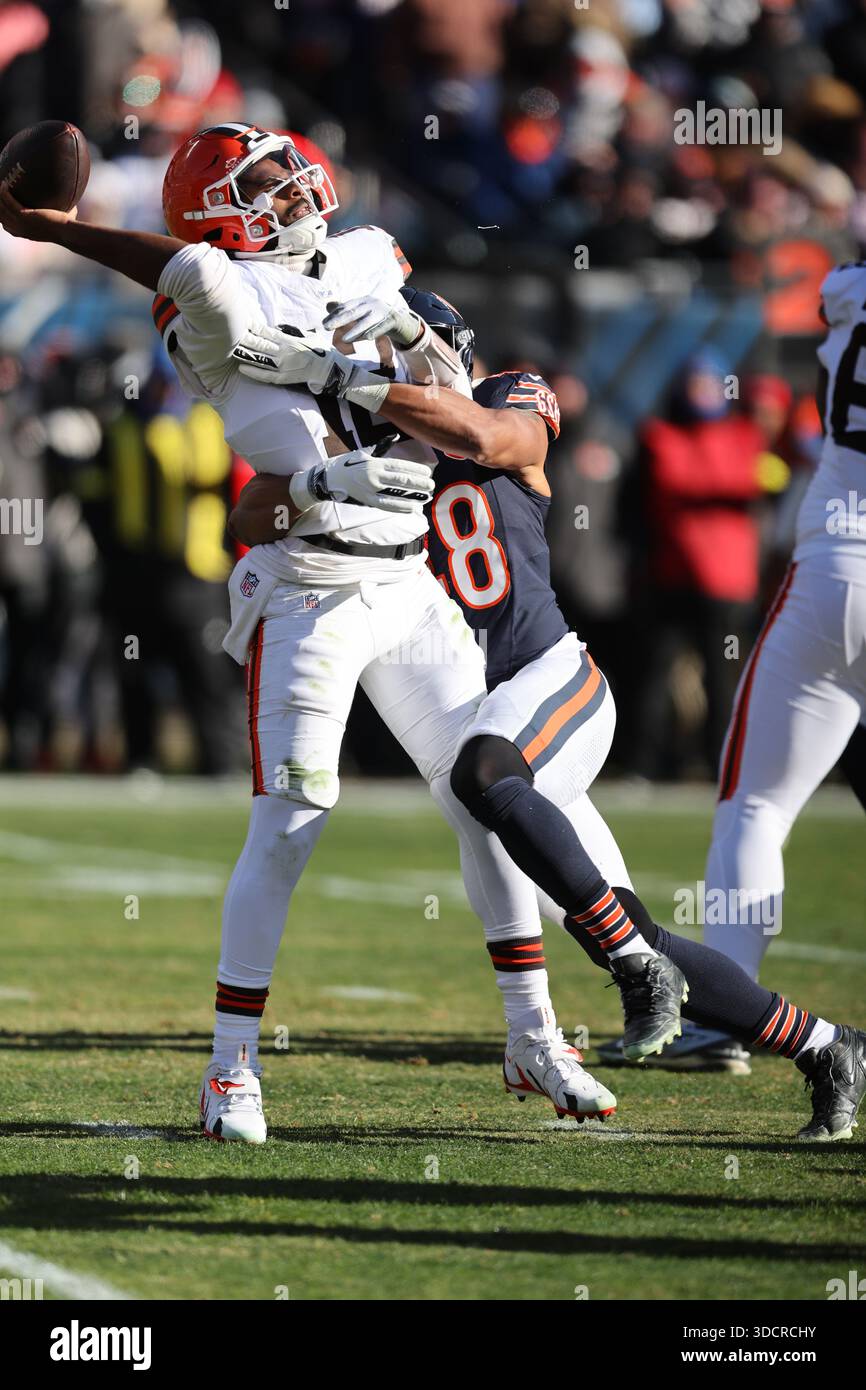 Cleveland Browns quarterback Shedeur Sanders (12) is sacked by Chicago ...