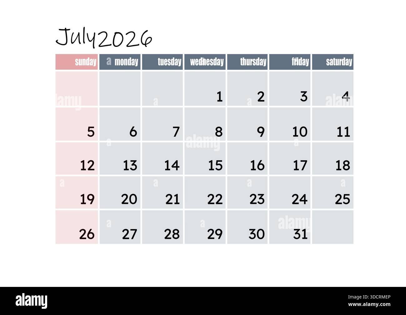 Vector calendar month july Cut Out Stock Images & Pictures - Alamy