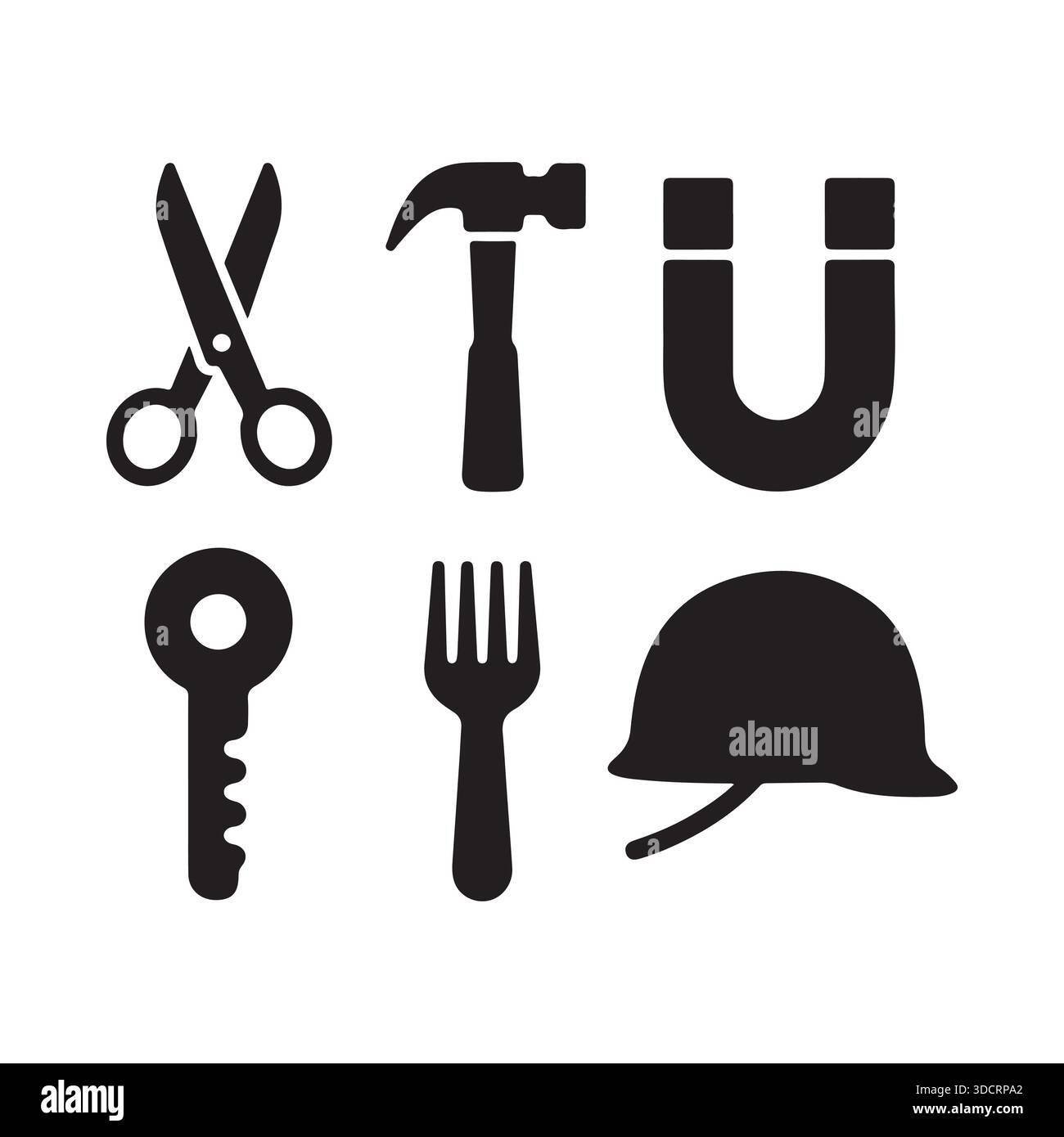 A collection of simple black silhouette icons depicting various tools ...