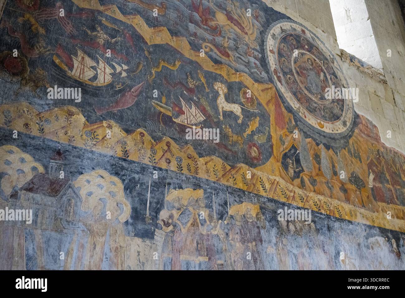 Wall painting with mythological themes, including ships and a lion in ...