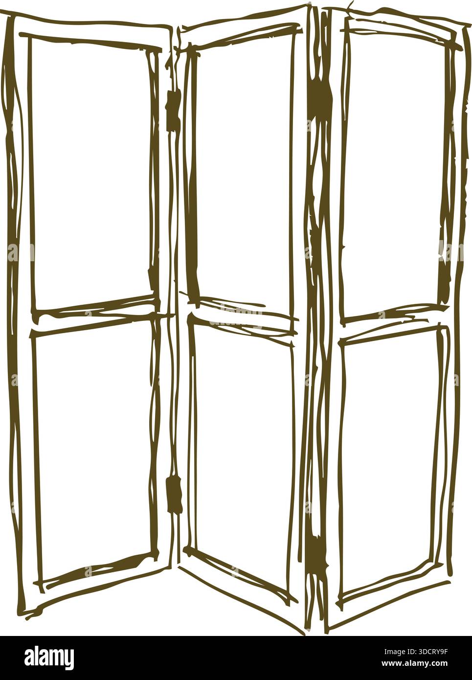 Tall hinged room divider with three hand drawn panels in rustic outline ...