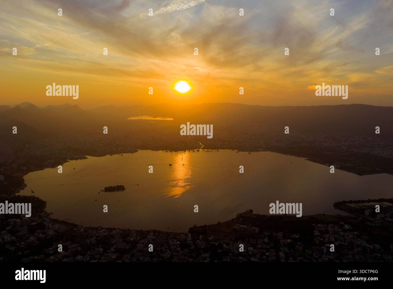 An evening aerial view of Ana Sagar lake in historical Ajmer City ...