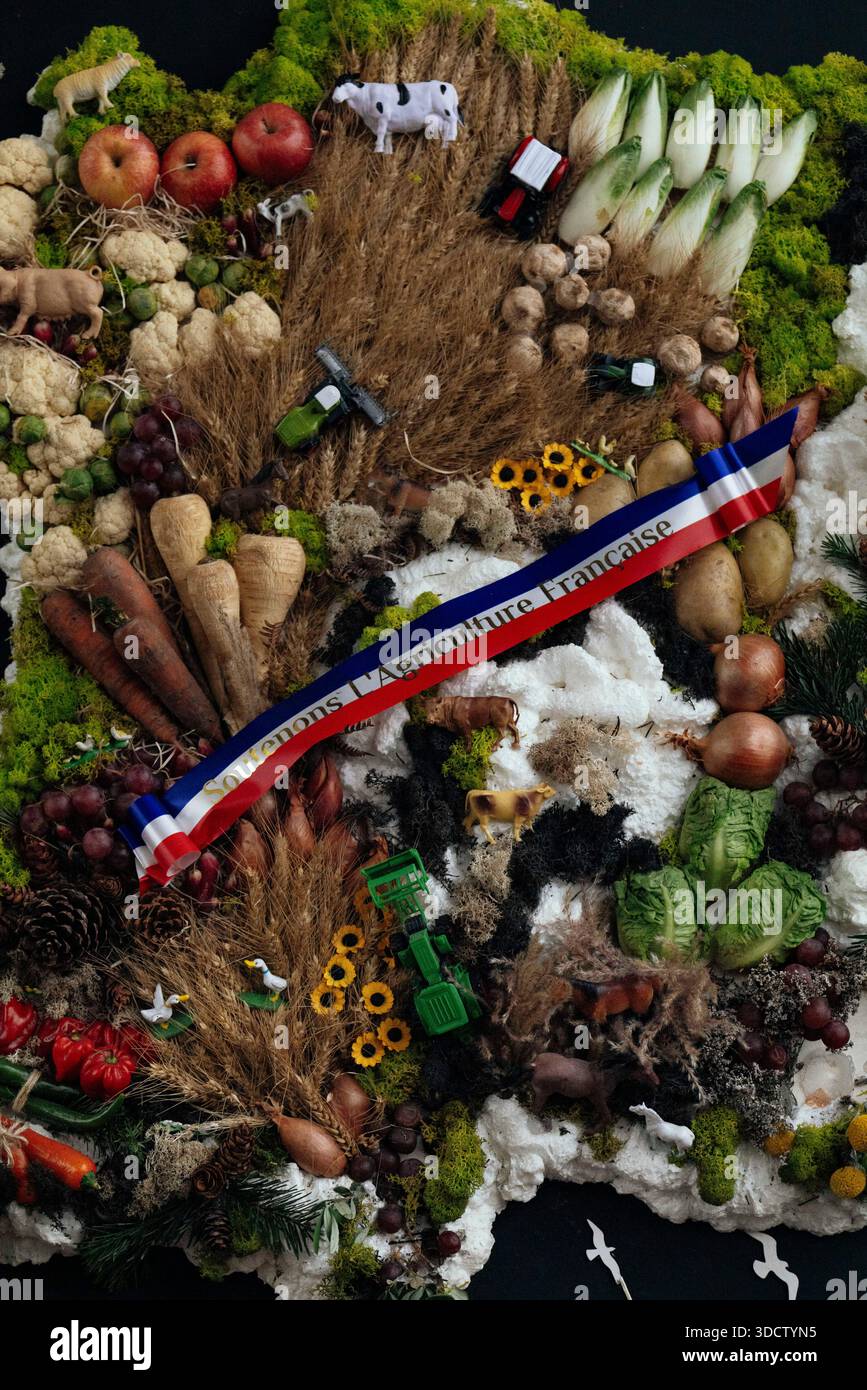 A painting of fruit and vegetables with a scarf of elected officials ...