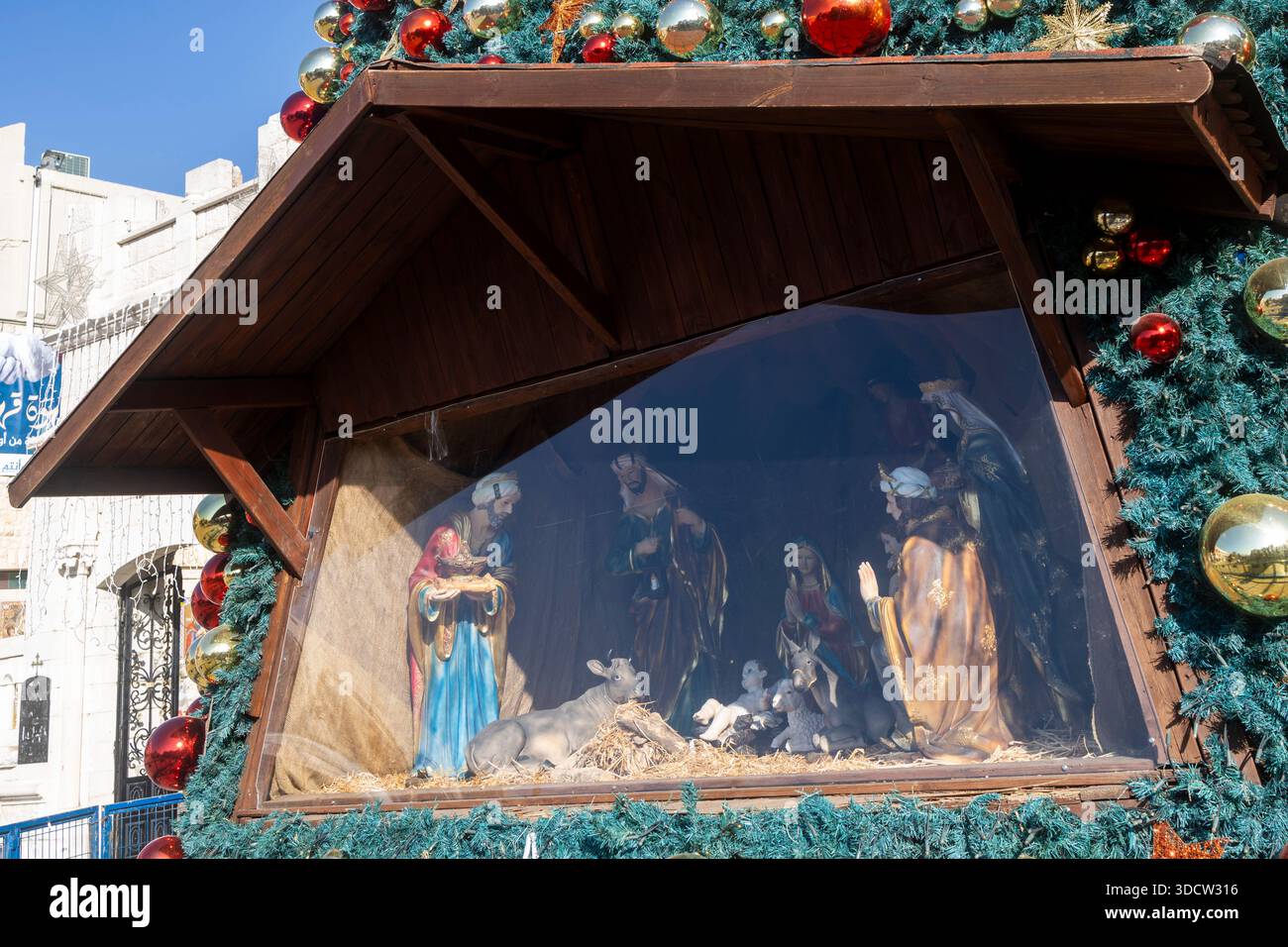 Nazareth, Israel, December 24, 2025, Giant christmas tree and the greek ...