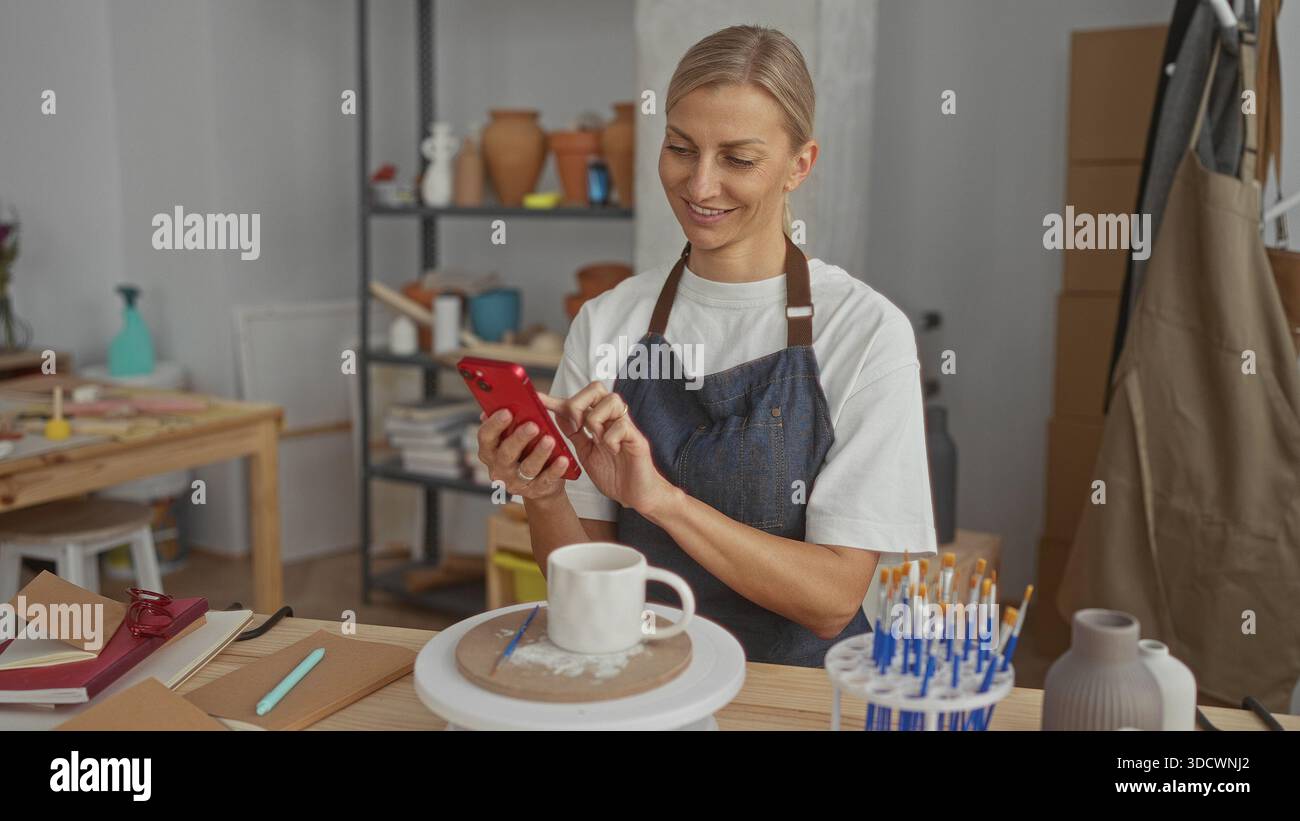 Woman taps smartphone beside hi-res stock photography and images - Alamy