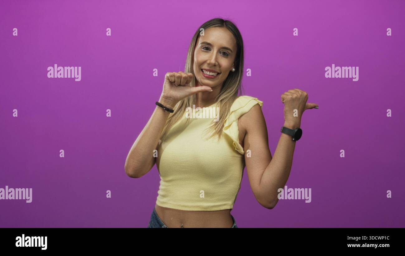 Woman pointing thumb chest hi-res stock photography and images - Alamy