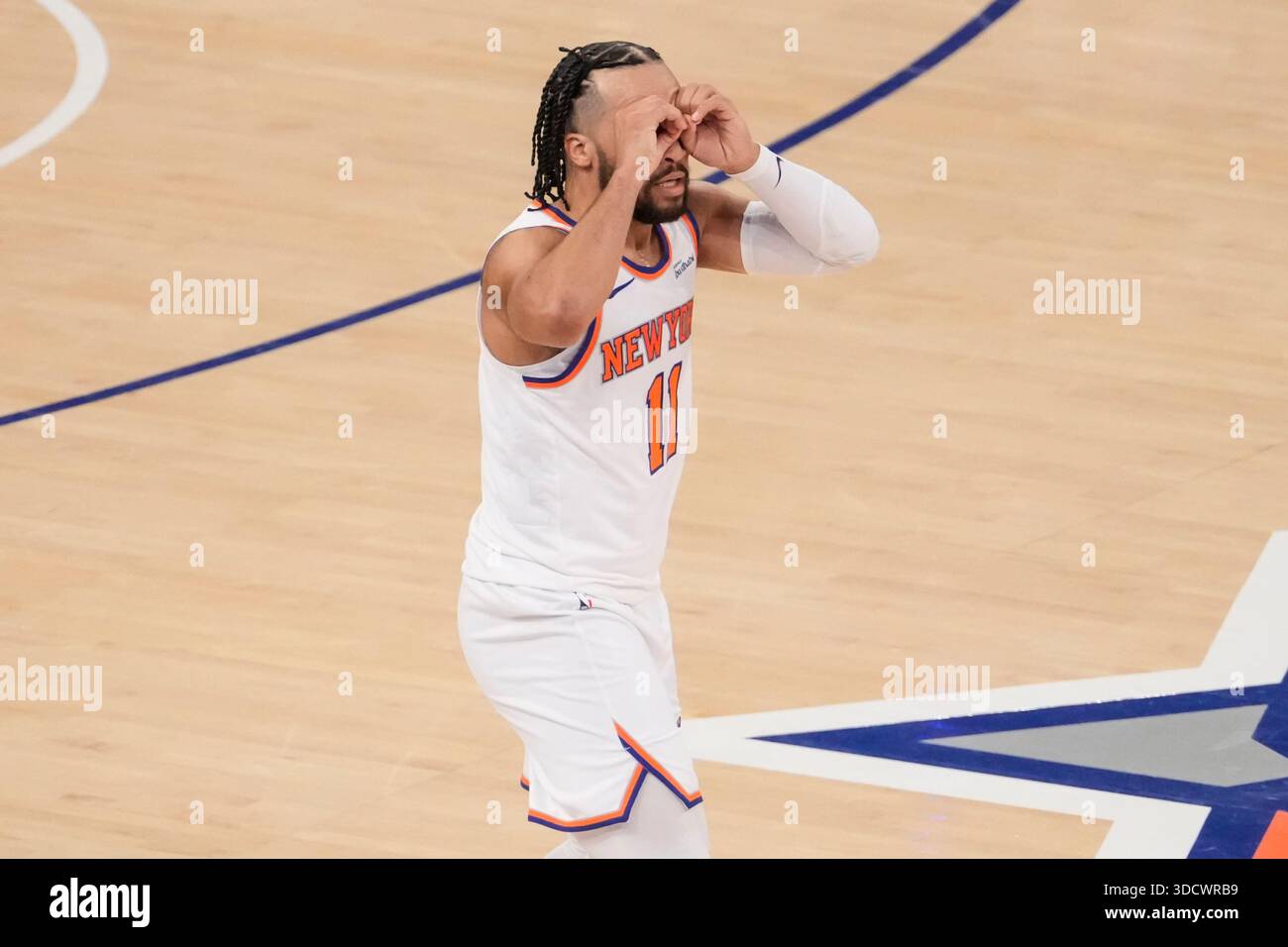 New York Knicks guard Jalen Brunson (11) reacts after scoring a three ...