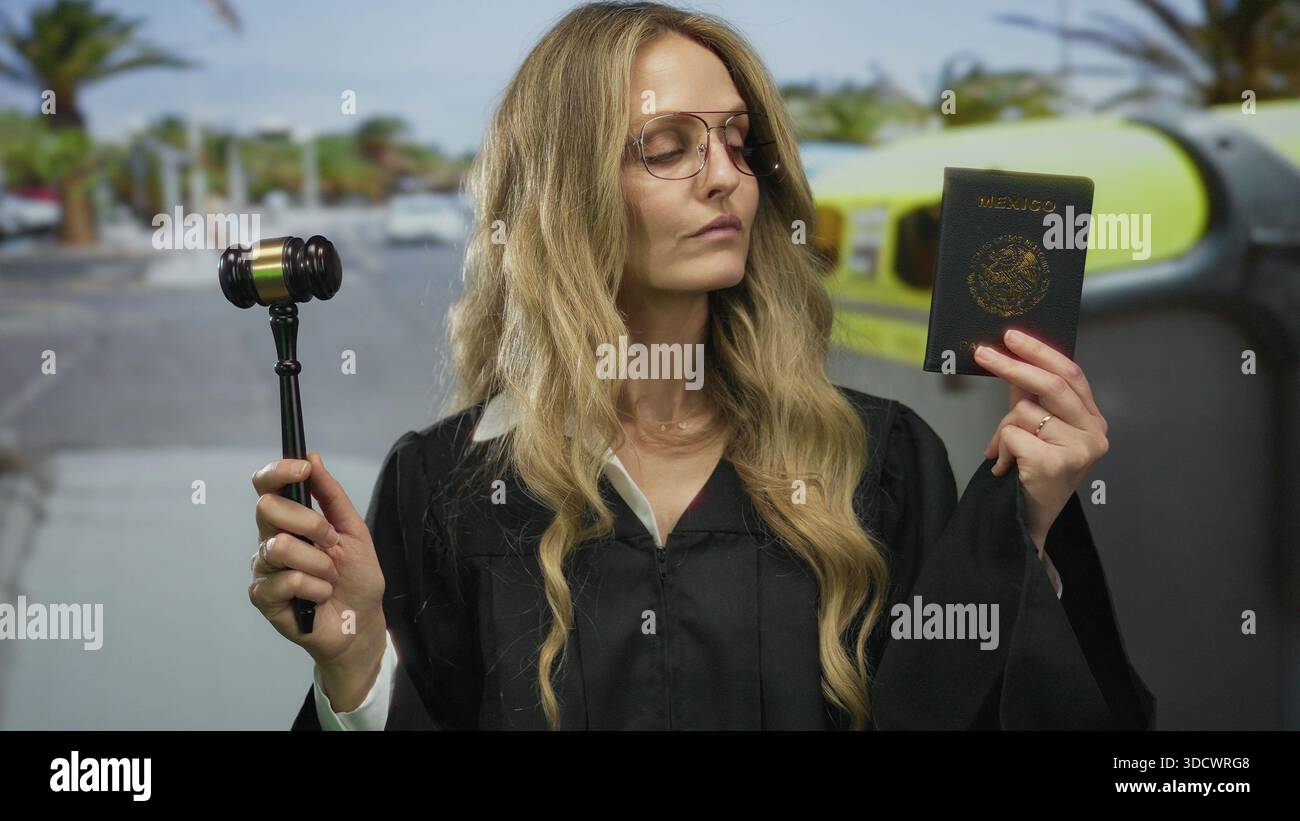 Woman in judge uniform holding gavel and mexican passport outdoors near ...