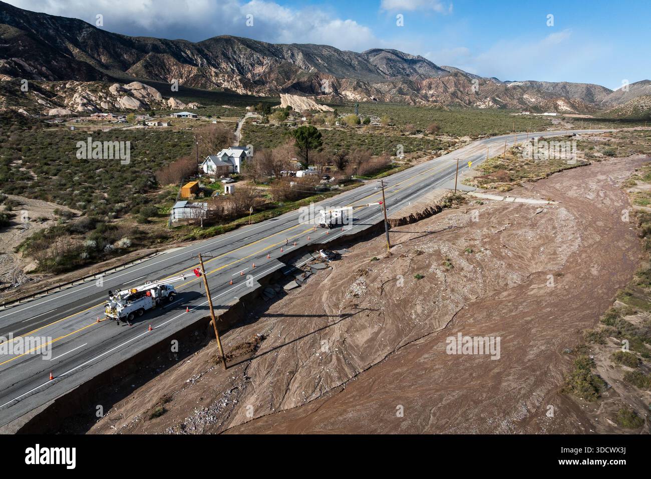An aerial view shows damage to highway 138 after a series of storms on ...