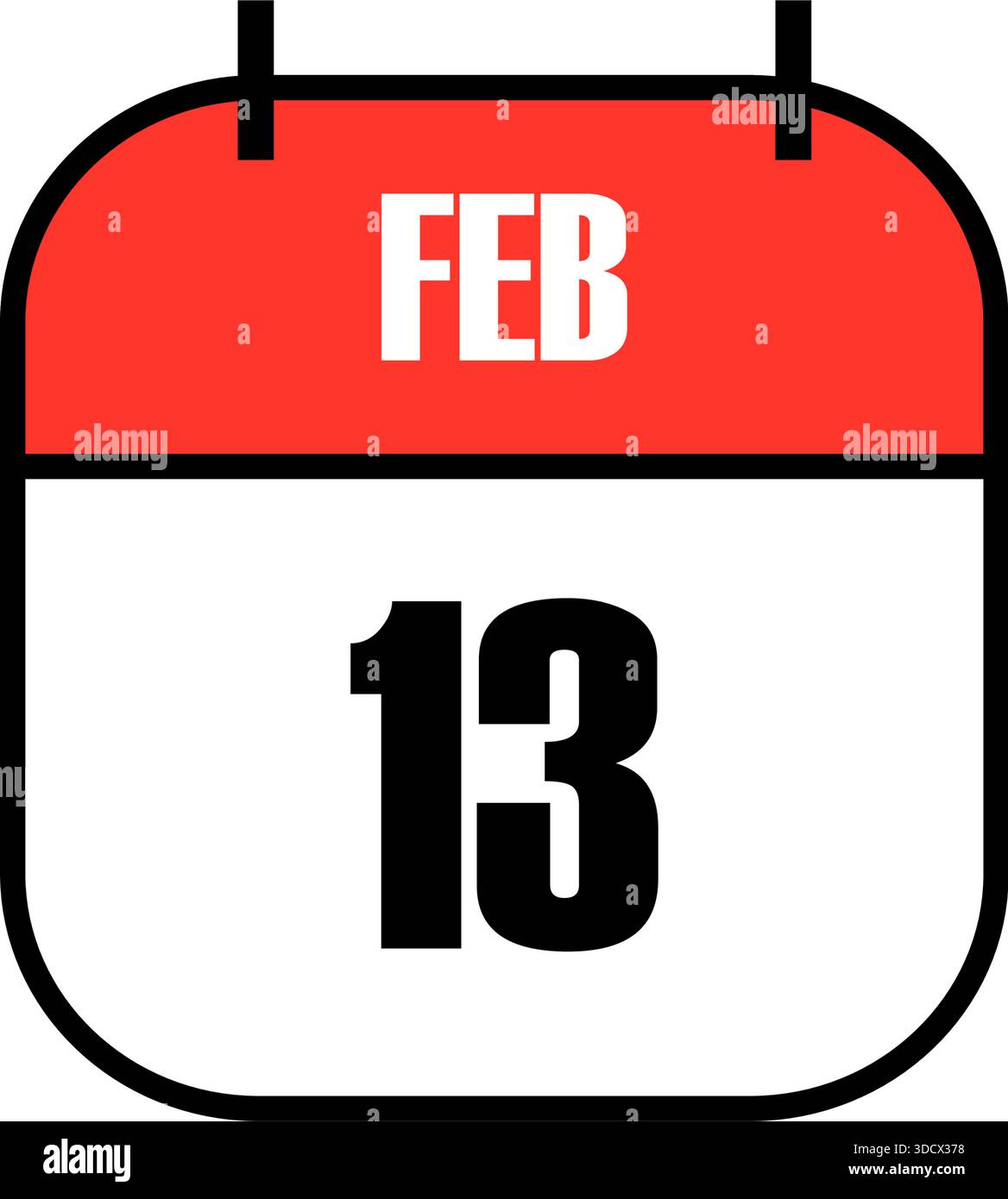 Red and white calendar icon showing February 13 date in bold black font ...