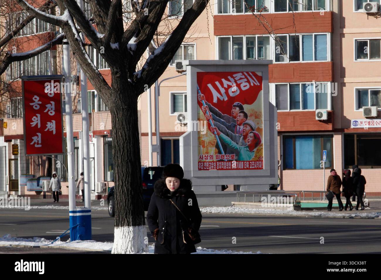 People walk in the street of the Central District, Pyongyang, North ...