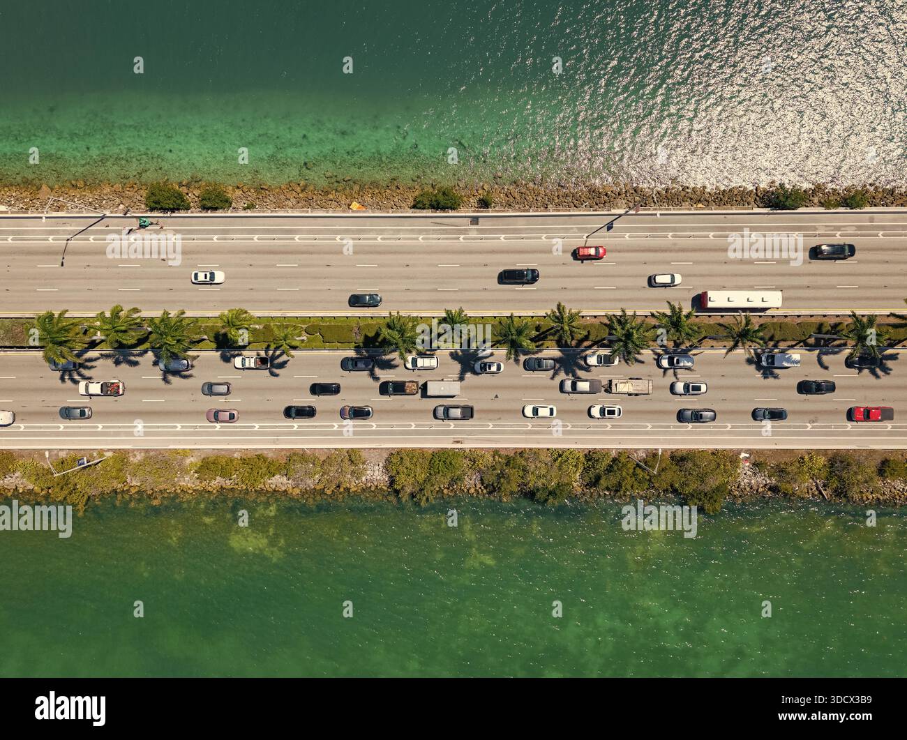 Top aerial view of the causeway. Key Biscayne bridge. Draw bridge with ...