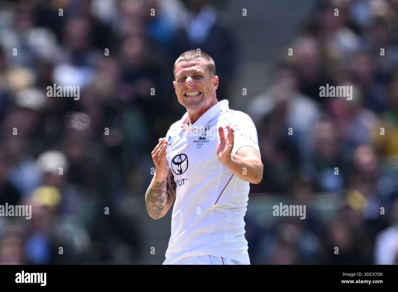 Brydon Carse of England reacts during Day 1 of the Fourth Men’s Ashes ...