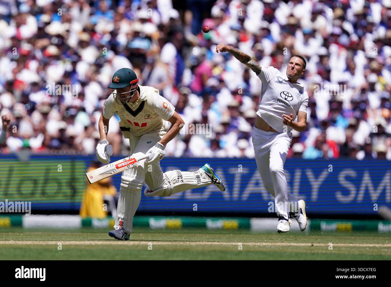 Australia's Cameron Green (left) is run out by England’s Brydon Carse ...