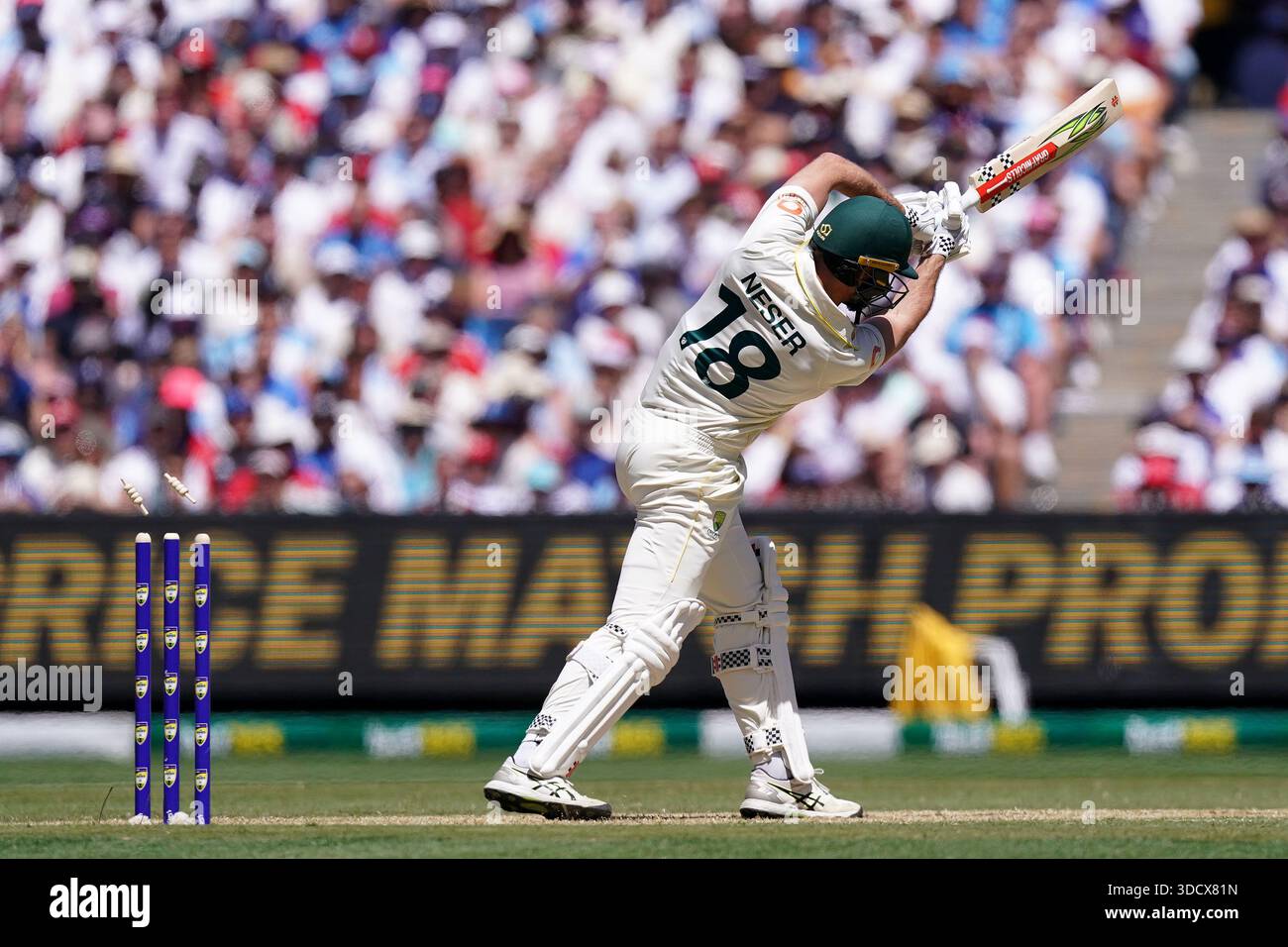 Australia's Michael Neser is bowled by England’s Josh Tongue (not ...