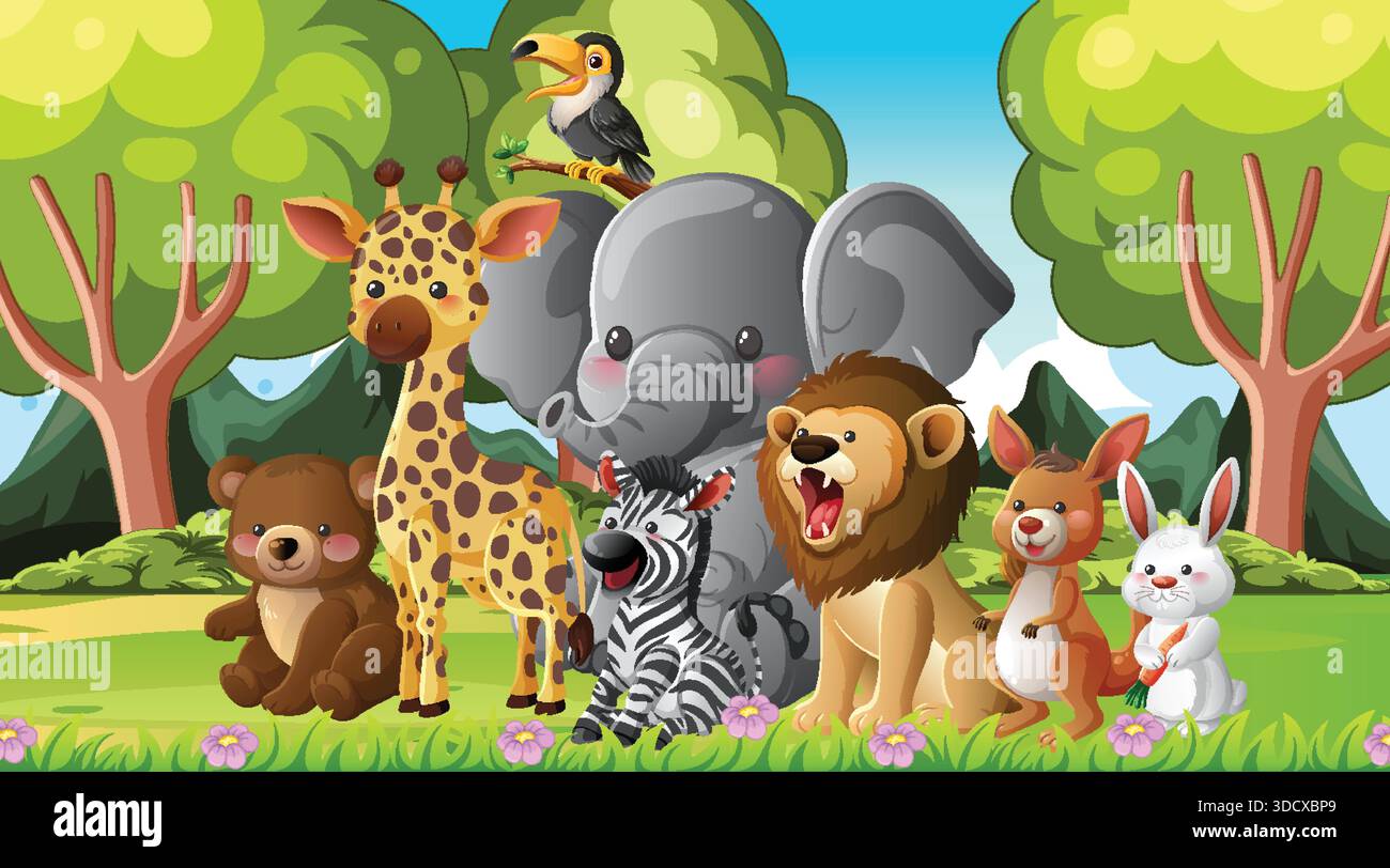 Cute vector animals including elephant, giraffe, lion, and more in ...